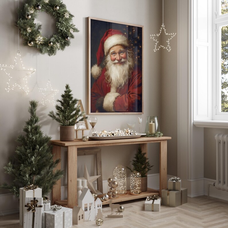 Retro Santa Printable Wall Art Christmas Painting, Vintage Santa Print ...