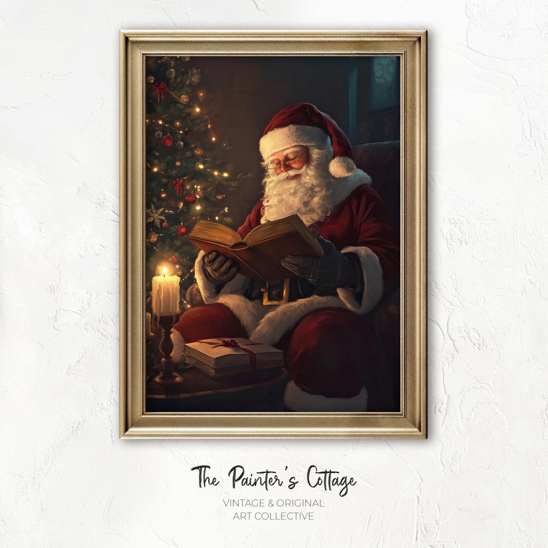 Santa Reading Book, Dark Christmas Wall Art, Printable Christmas ...