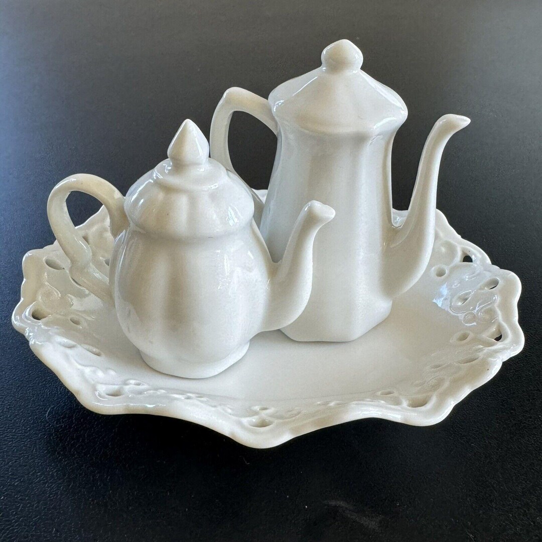 Tea Set Coffee Pot Salt and Pepper Shakers Tray THT Designs White ...