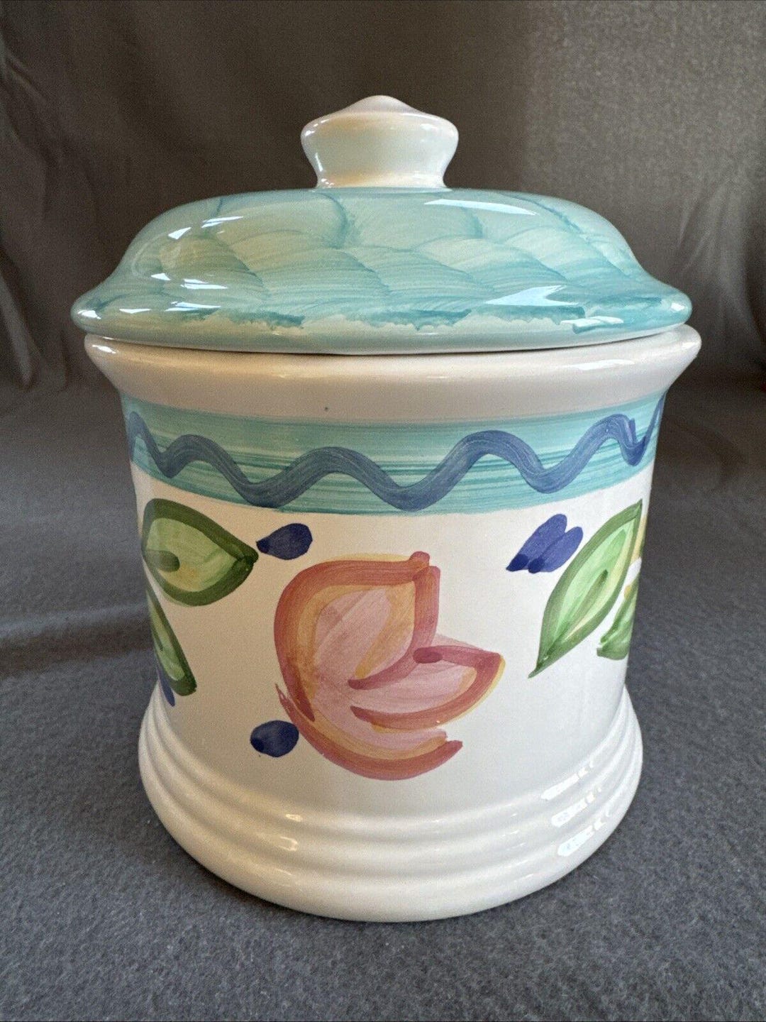 Caleca Hand Painted Italian Pottery Wavy Blue Canister Cookie Jar Lid 5.5" - Etsy