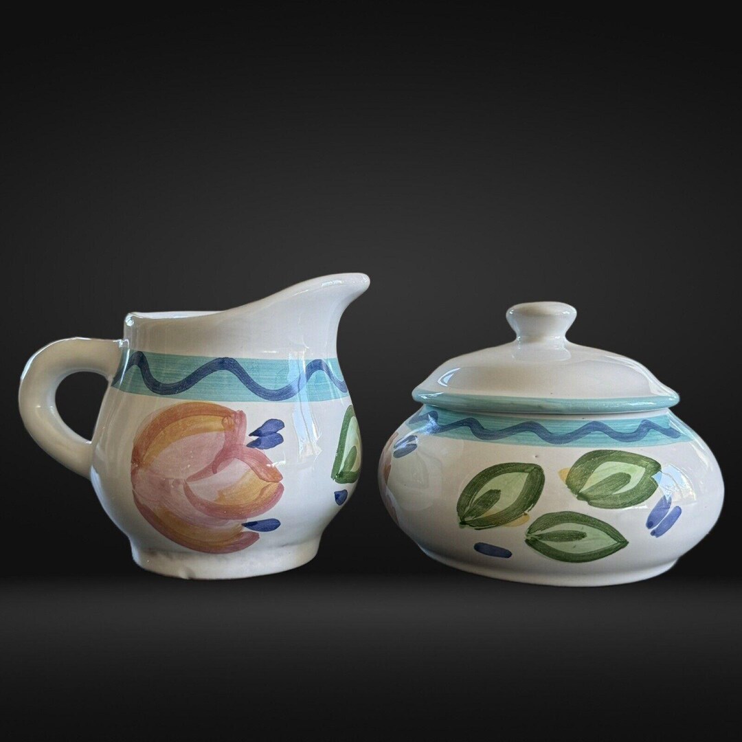 Caleca Italy Pottery Cream & Sugar With Lid Hand Painted Wavy Blue Pink ...