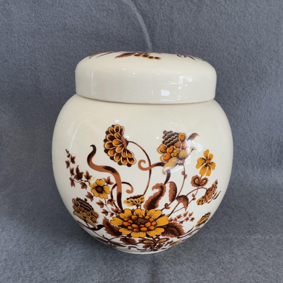 Sadler England Ceramic Ginger Jar Brown Yellow Floral MCM Retro Vintage ...