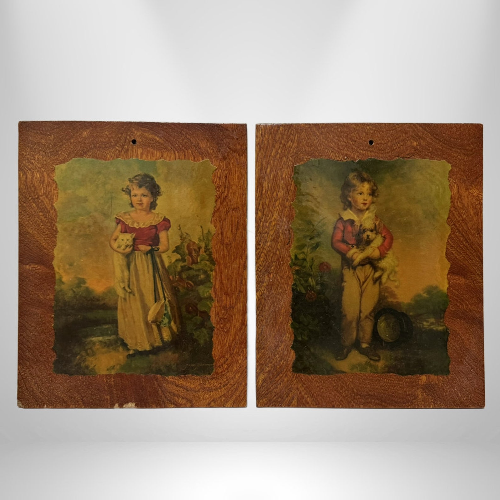 Jane Freeman Girl With Cat and Master Simpson Boy With Dog Wood Panel ...