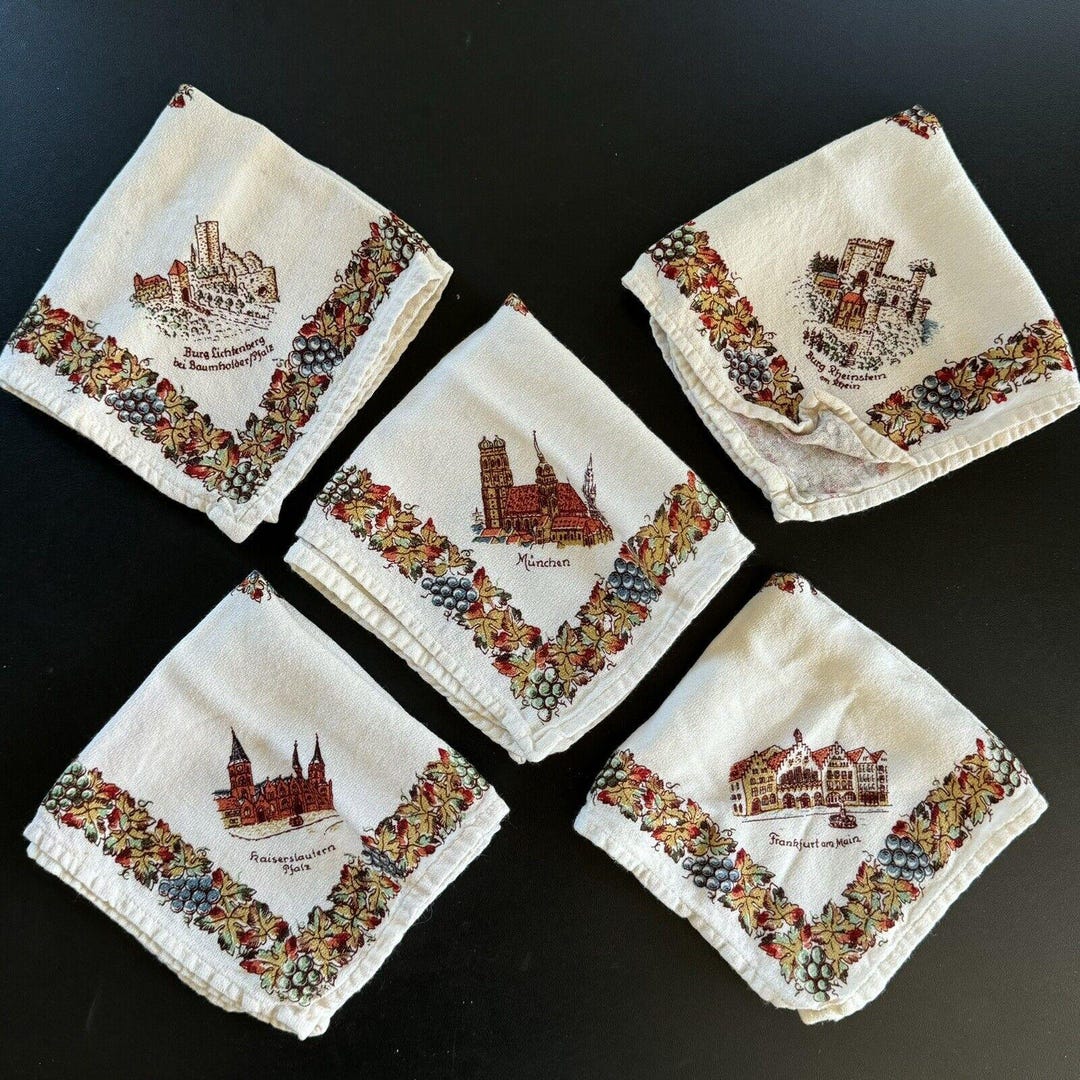 5 German Linen Cloth Napkins Landmarks Towns Coat of Arms Grapes Soft ...