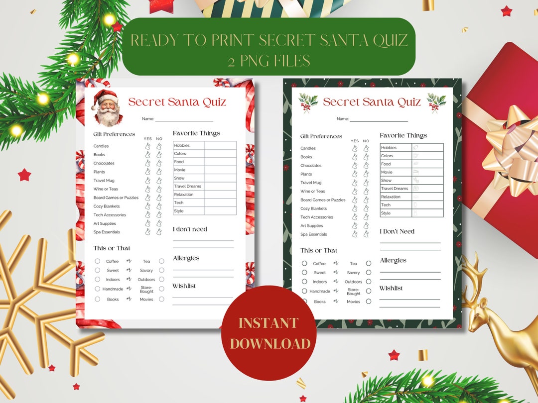 Secret Santa Quiz PDF Download, Digital Christmas Wish List, Printable ...