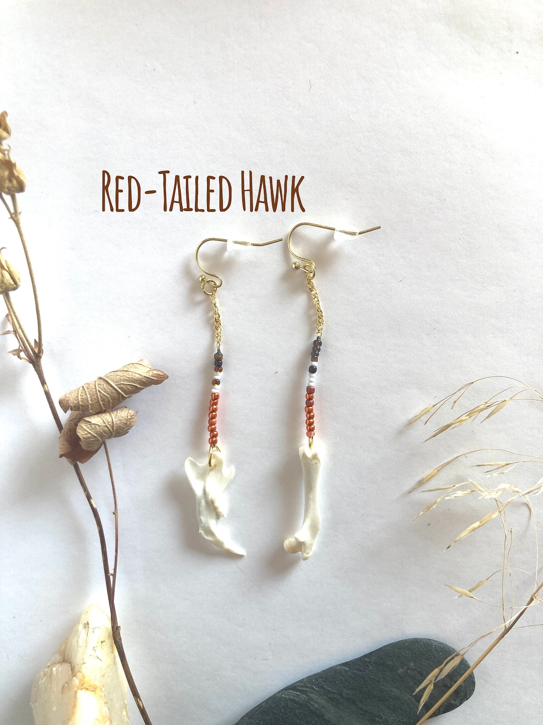 Red-tailed Hawk With Real Bone - Dangle Glass Bead Earrings - Etsy