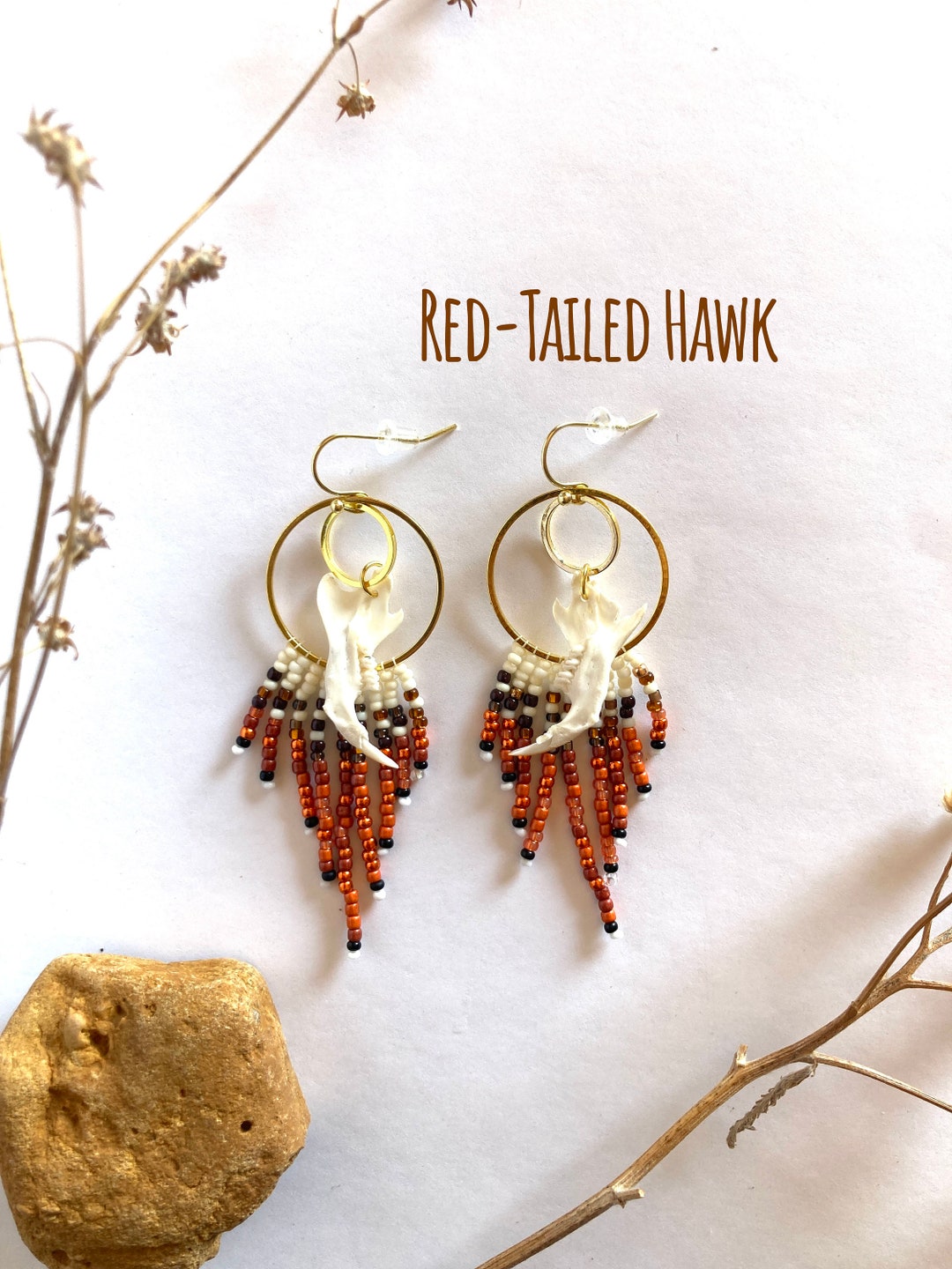 Red-tailed Hawk With Real Jaw Bones- Large, Dangle Glass Bead Earrings ...