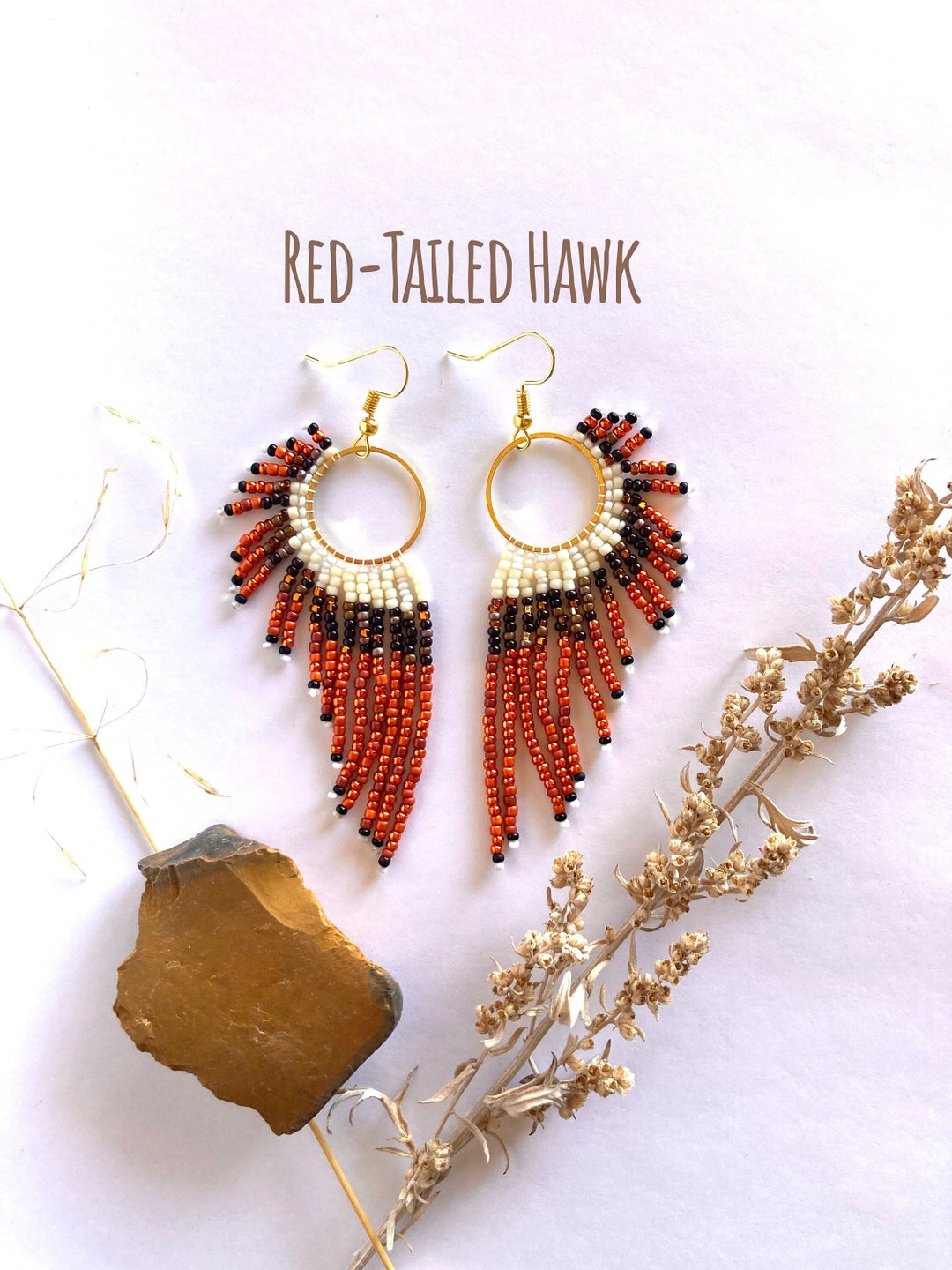 Red-tailed Hawk Medium, Extra Long, Dangle Glass Bead Earrings - Etsy