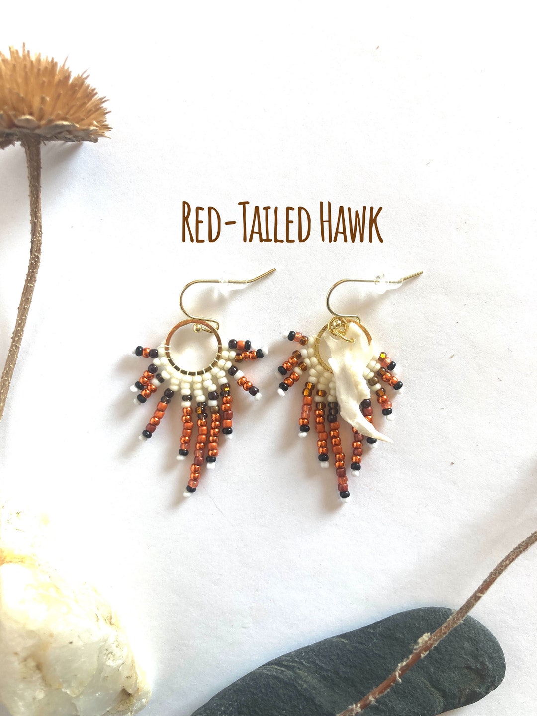 Red-tailed Hawk With Real Bone- Extra Small, Dangle Glass Bead Earrings ...