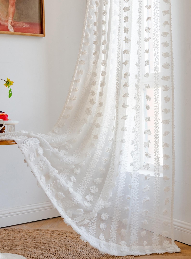 White Floral Mesh Curtain,tufted Flower Sheer Curtain, Sheer Curtains for Living Room Bedroom ...