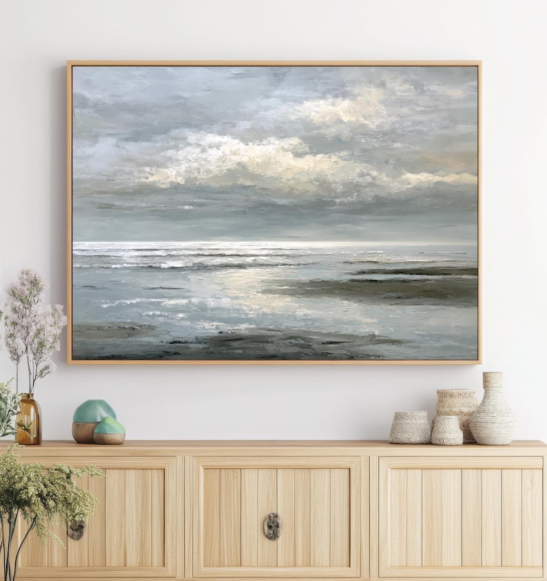 Abstract Coastal Seascape Painting | Muted Gray Ocean Horizon (digital ...