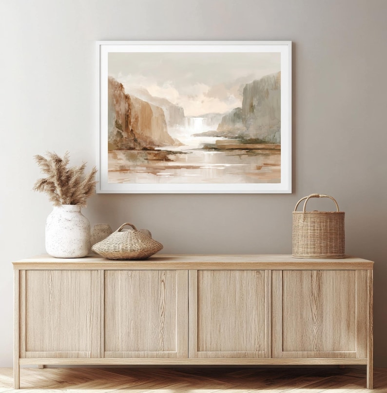 Neutral Mountain Landscape Painting | Waterfall Great Canyon Digital ...