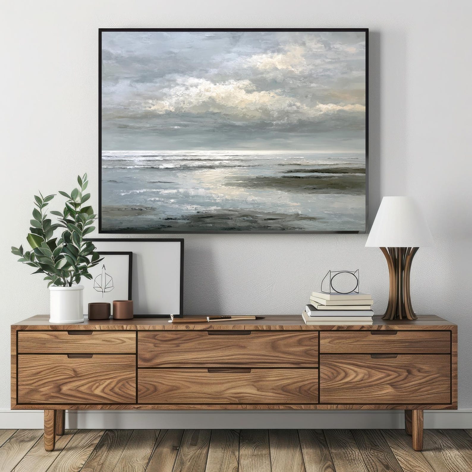 Abstract Coastal Seascape Painting | Muted Gray Ocean Horizon (digital ...