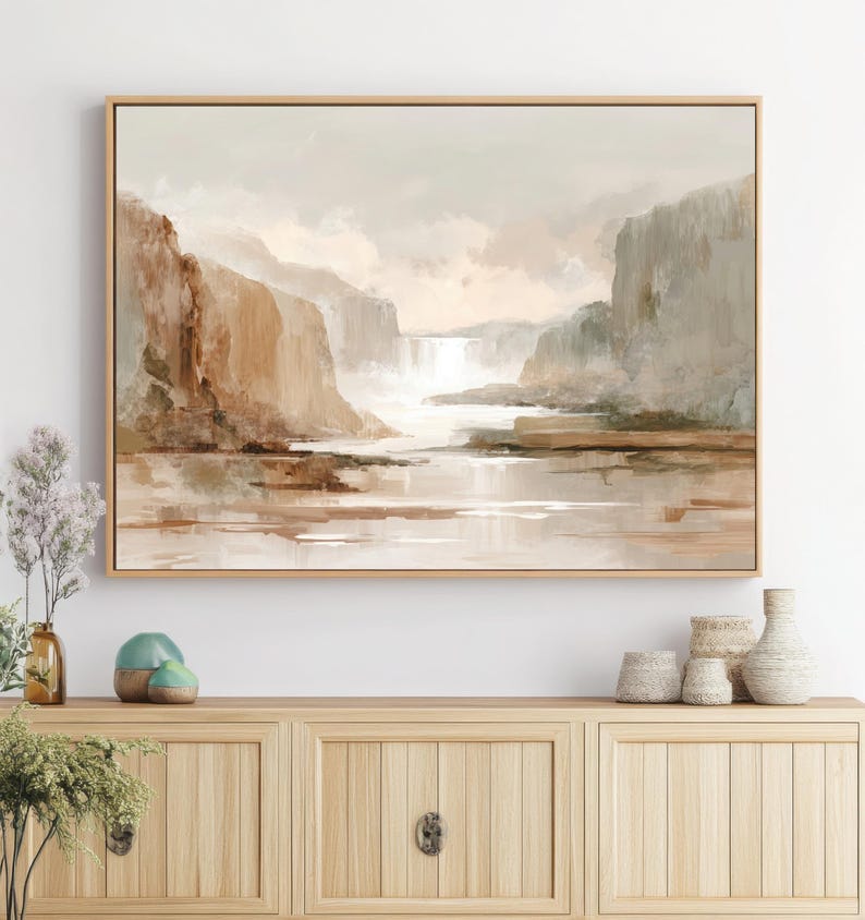 Neutral Mountain Landscape Painting | Waterfall Great Canyon Digital ...