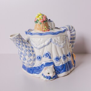 Vintage 90s Avon Blue White Cat & Hats Checkered Teapot - Etsy