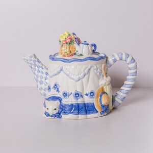 Vintage 90s Avon Blue White Cat & Hats Checkered Teapot - Etsy