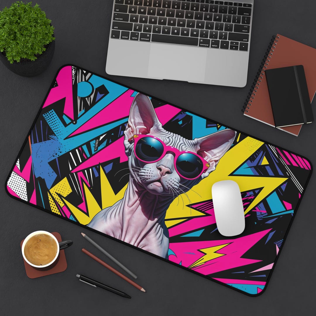 Sphynx Cat Pop Art Desk Mat Neon Comic Style XL Mouse Pad for Cat ...