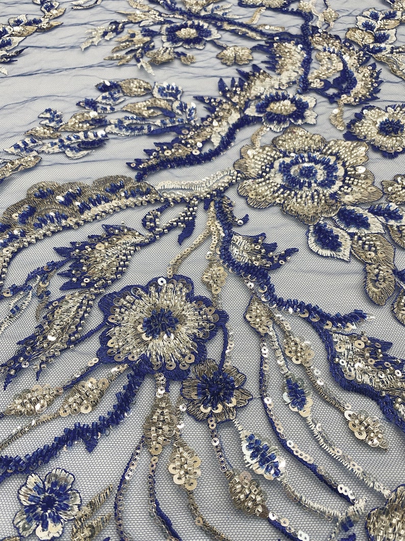 Royal Blue Beaded Fabric by the Yard Sequin Net Fabric for Dress Royal ...