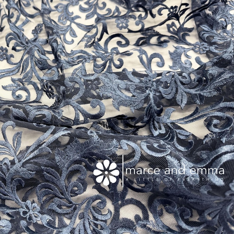 Navy Lace Fabric by the Yard Floral Embroidered Lace for Flower Girl ...