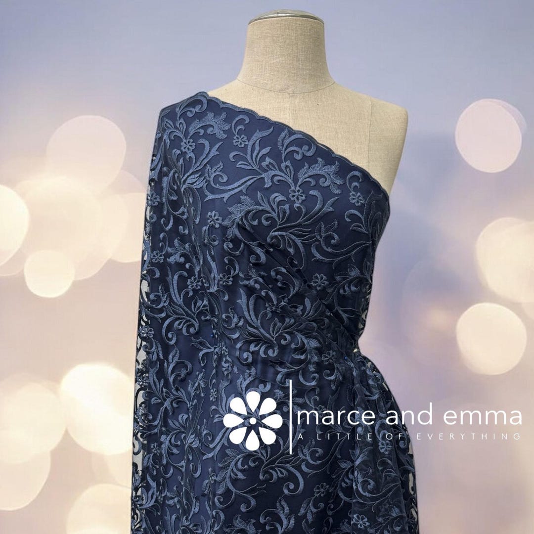 Navy Lace Fabric by the Yard Floral Embroidered Lace for Flower Girl ...