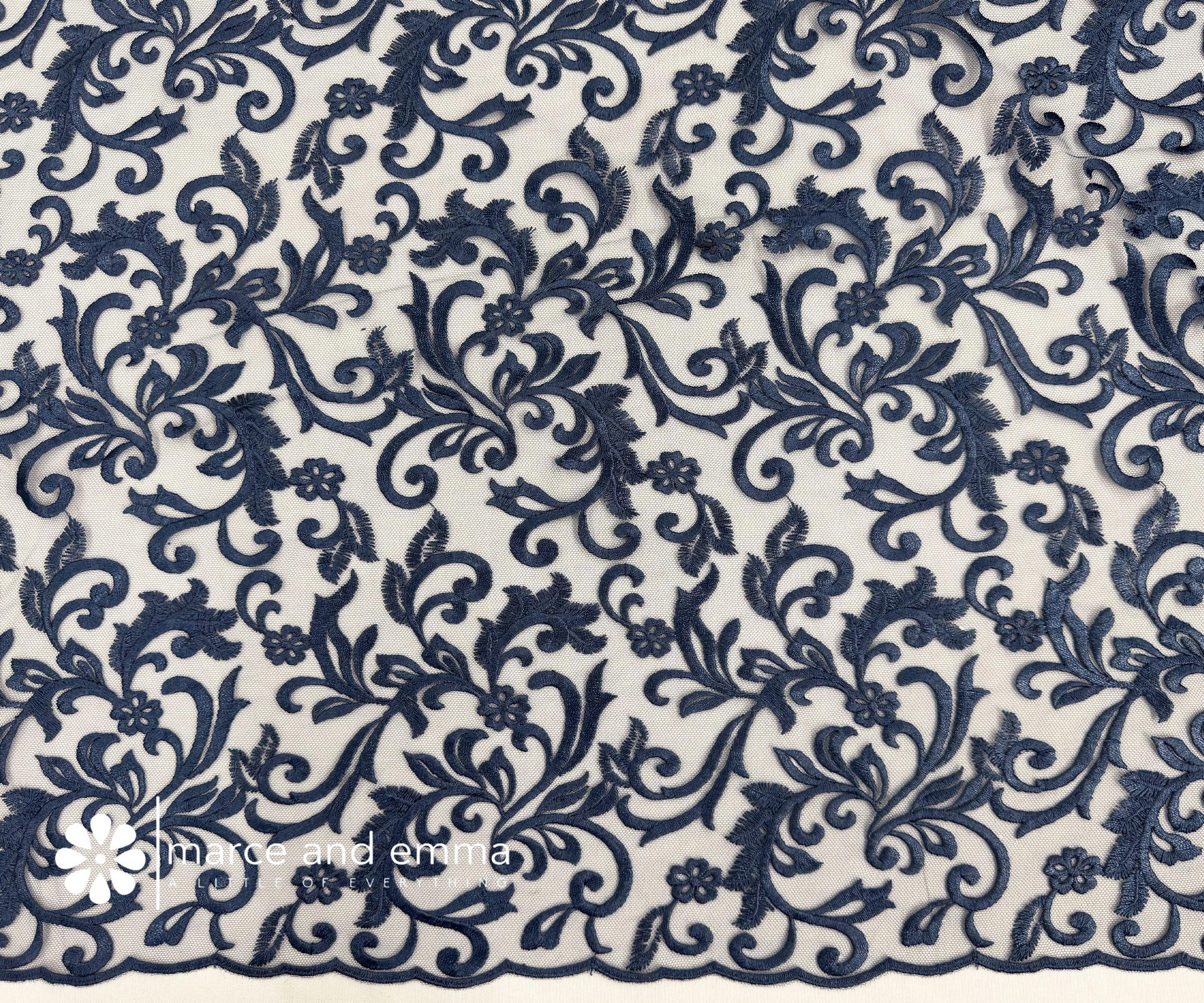 Navy Lace Fabric by the Yard Floral Embroidered Lace for Flower Girl ...