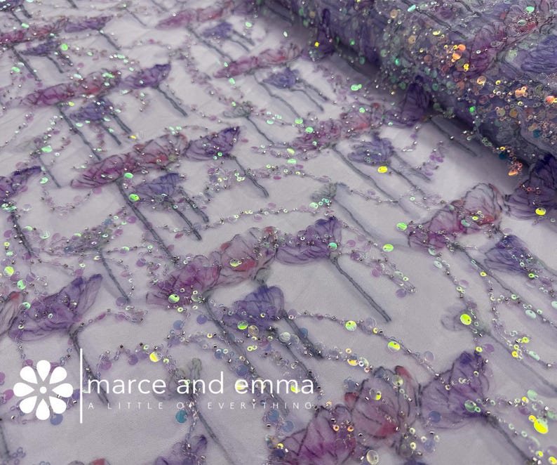 Lavender 3D Embroidered Multicolor Lace Fabric by Yard Floral Sequin ...