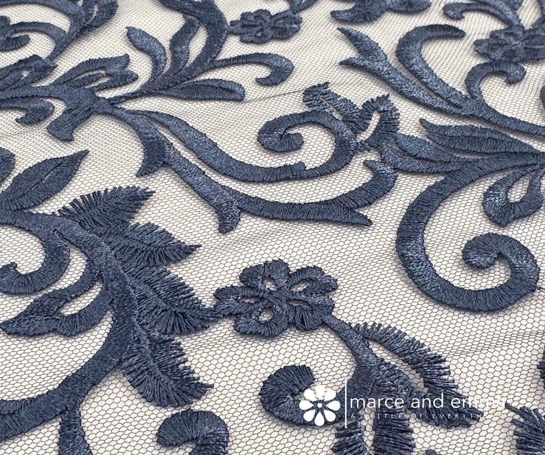 Navy Lace Fabric by the Yard Floral Embroidered Lace for Flower Girl ...