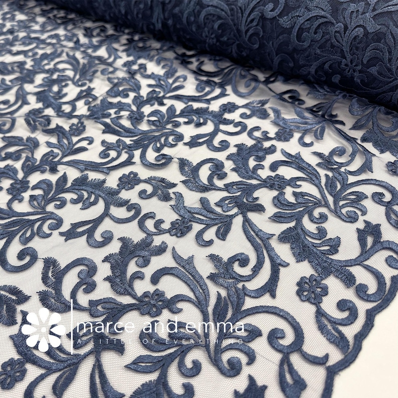 Navy Lace Fabric by the Yard Floral Embroidered Lace for Flower Girl ...