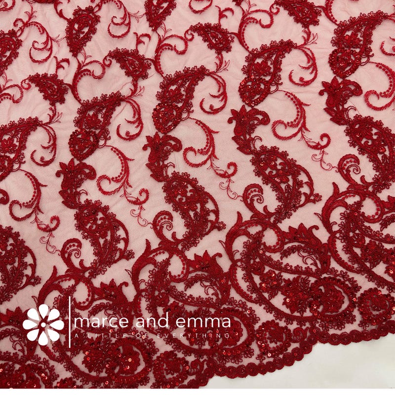 Red Beaded Lace Fabric - Etsy