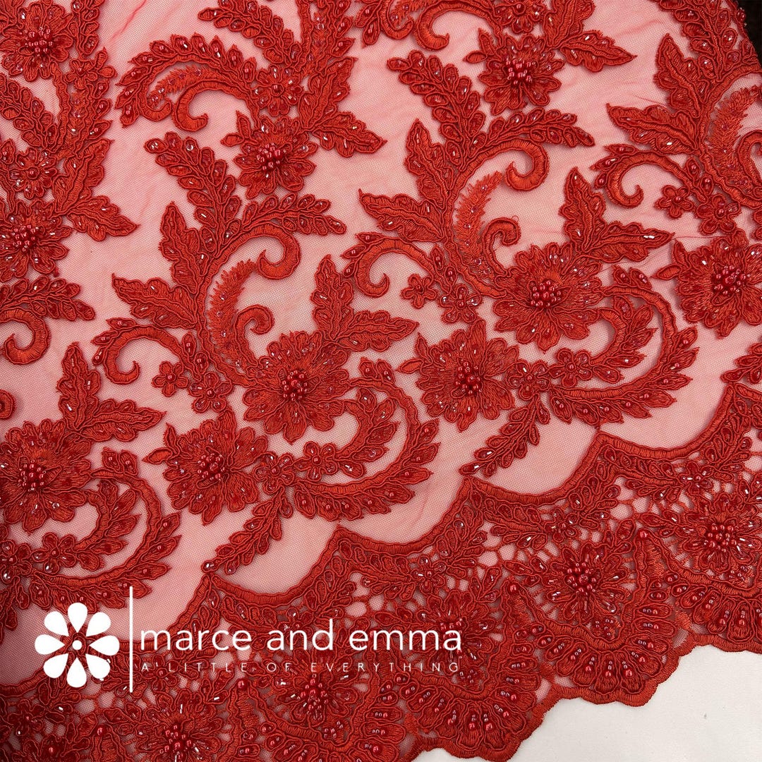 Red Embroidered Lace Fabric by Yard Corded Red Floral Sequin Wedding ...