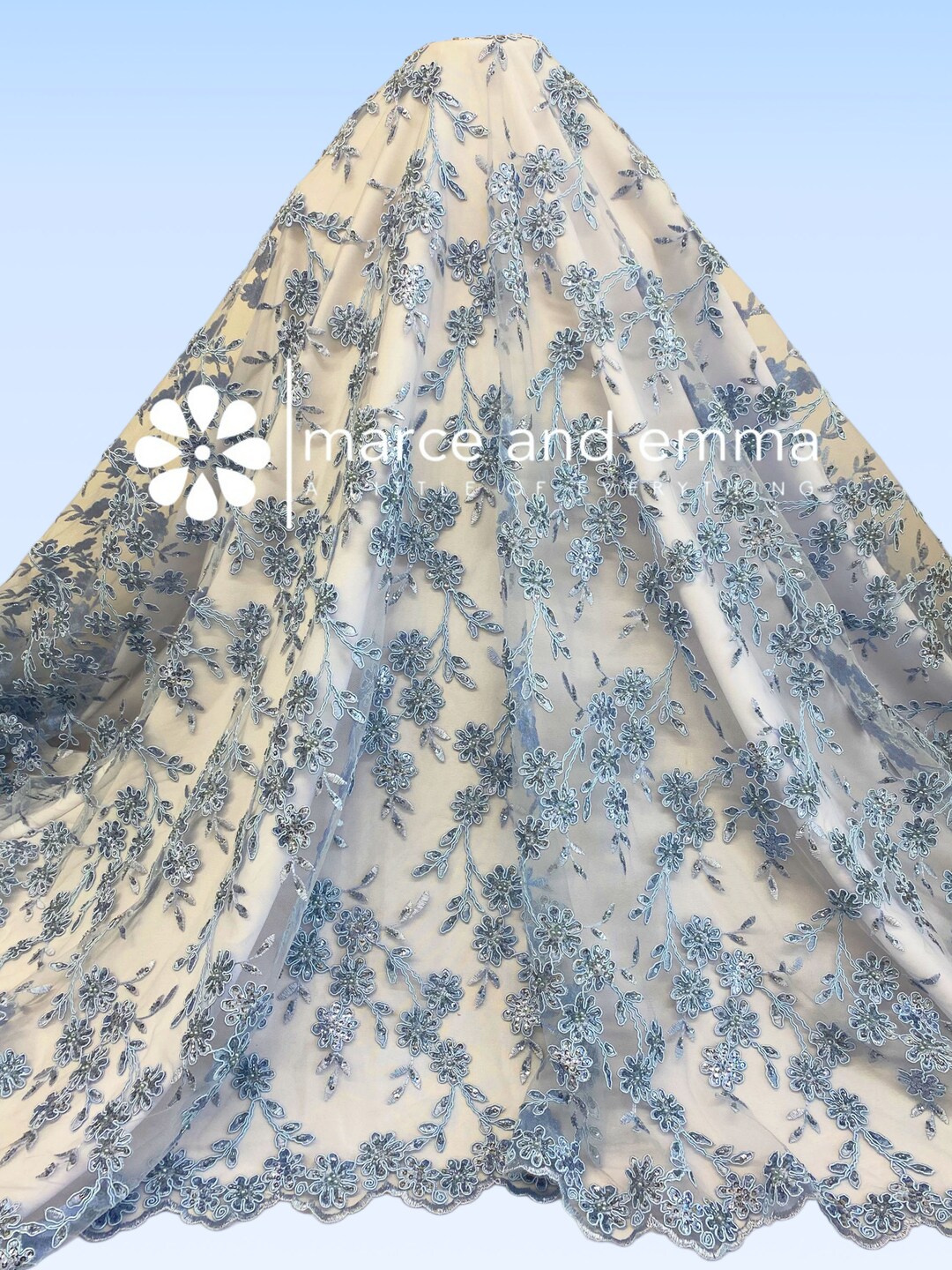 Light Blue Beaded Fabric by the Yard Beaded Net Fabric for Dress Blue ...