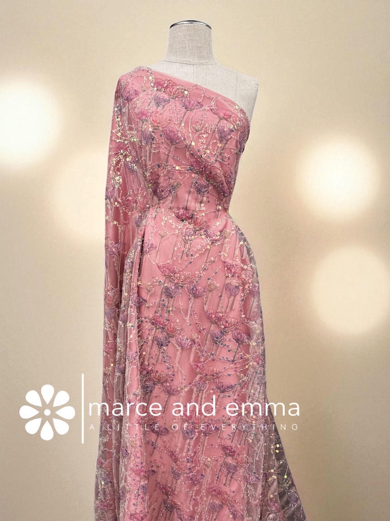 Pink 3D Embroidered Multicolor Lace Fabric by Yard Floral Sequin ...