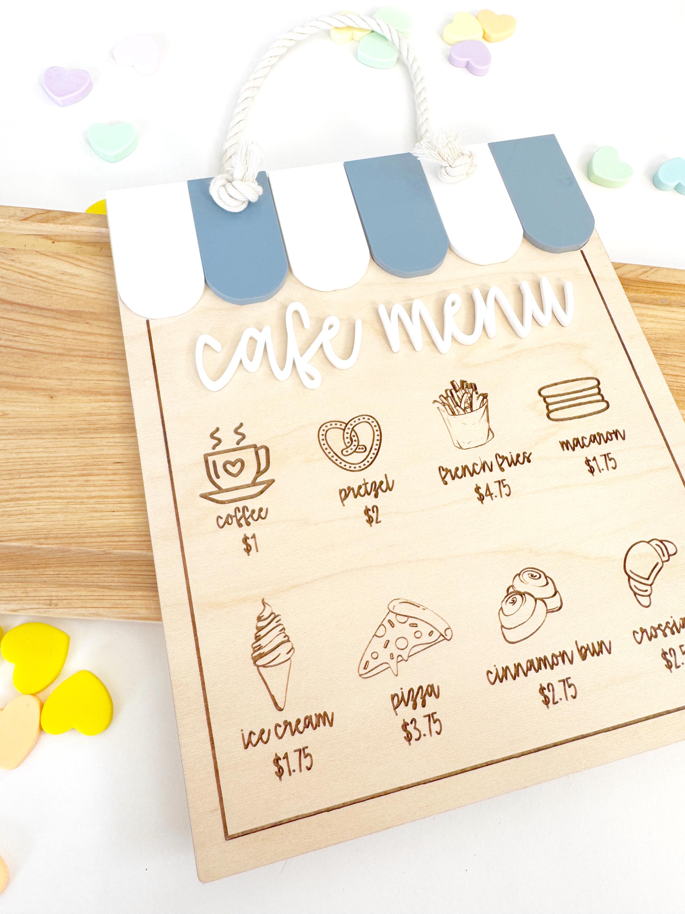 Wooden Play Kitchen Cafe Menu Sign, Montessori Pretend Play Accessory ...