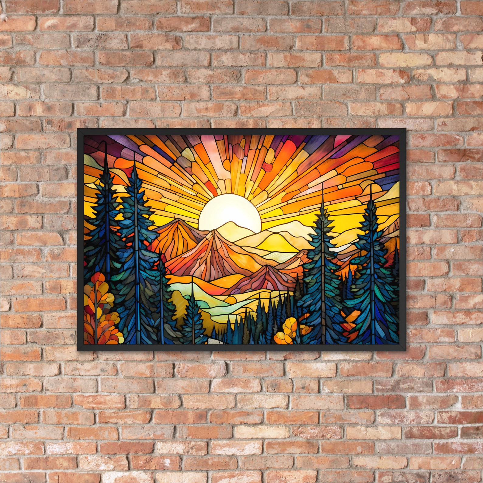 Stained Glass Looking Mountain Sunset Framed Poster Home Decor Art ...