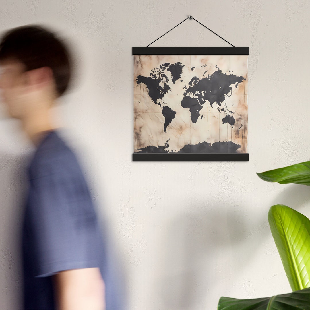 Vintage World Map Wall Hanging Black Ink Faded Antique Look Home Decor ...