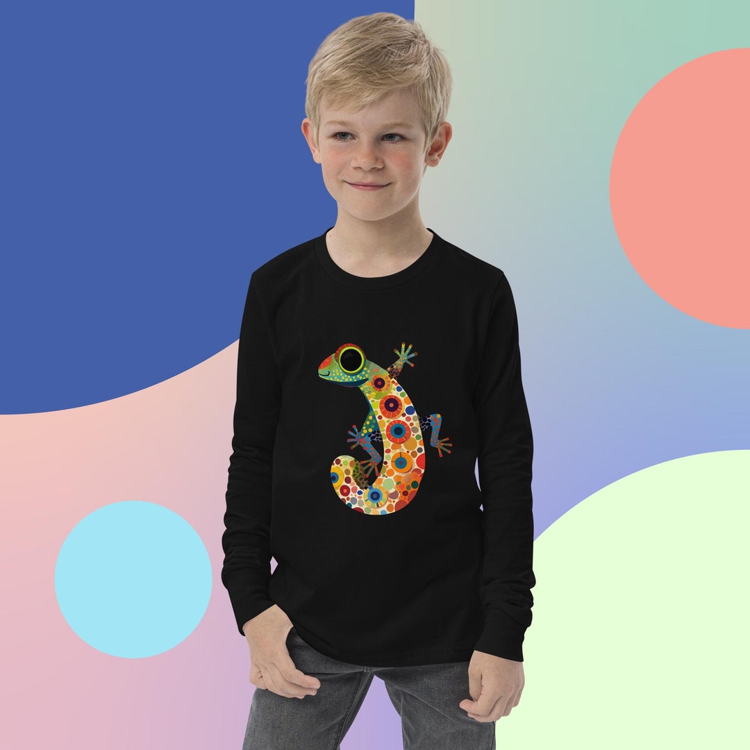 Bright Gecko Pattern Youth Black Long Sleeve Tee Durable Kids' Wear ...