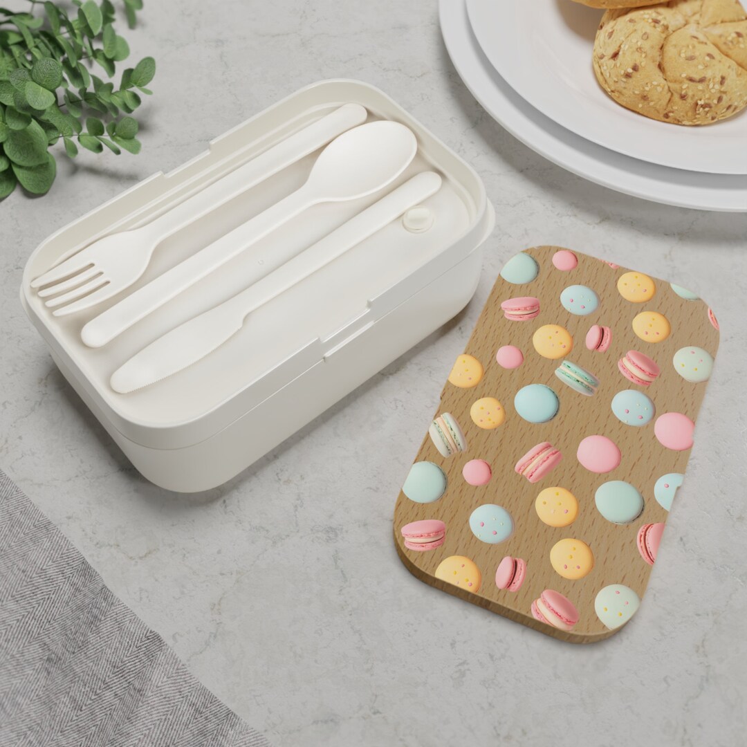 French Macaron Cookie Pattern Bento Box With Wooden Cover Silicone Tray ...
