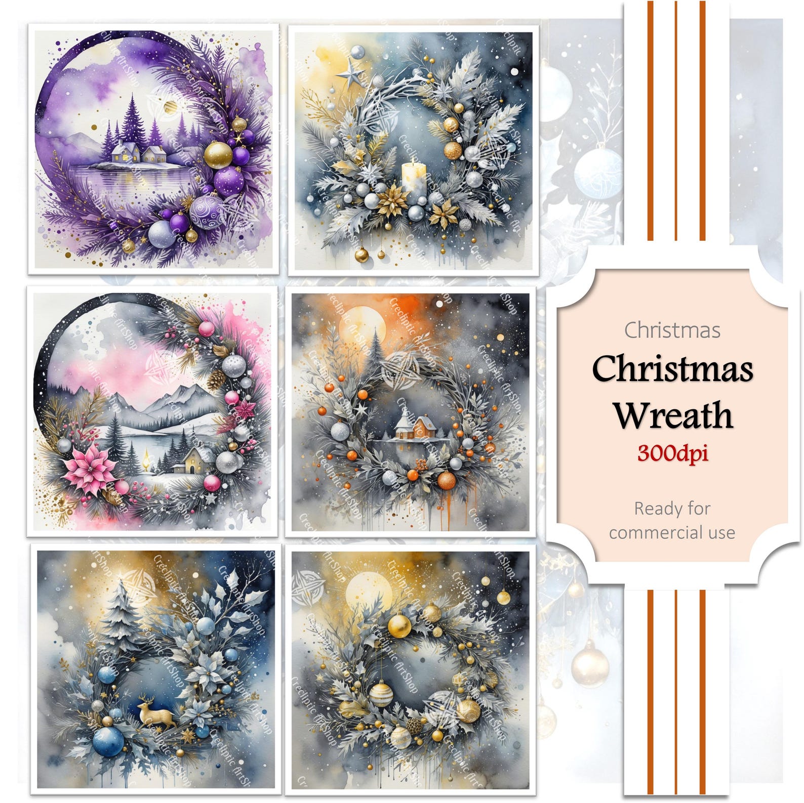 18 Digital Paper- Watercolor Christmas Wreath Cliparts - Etsy