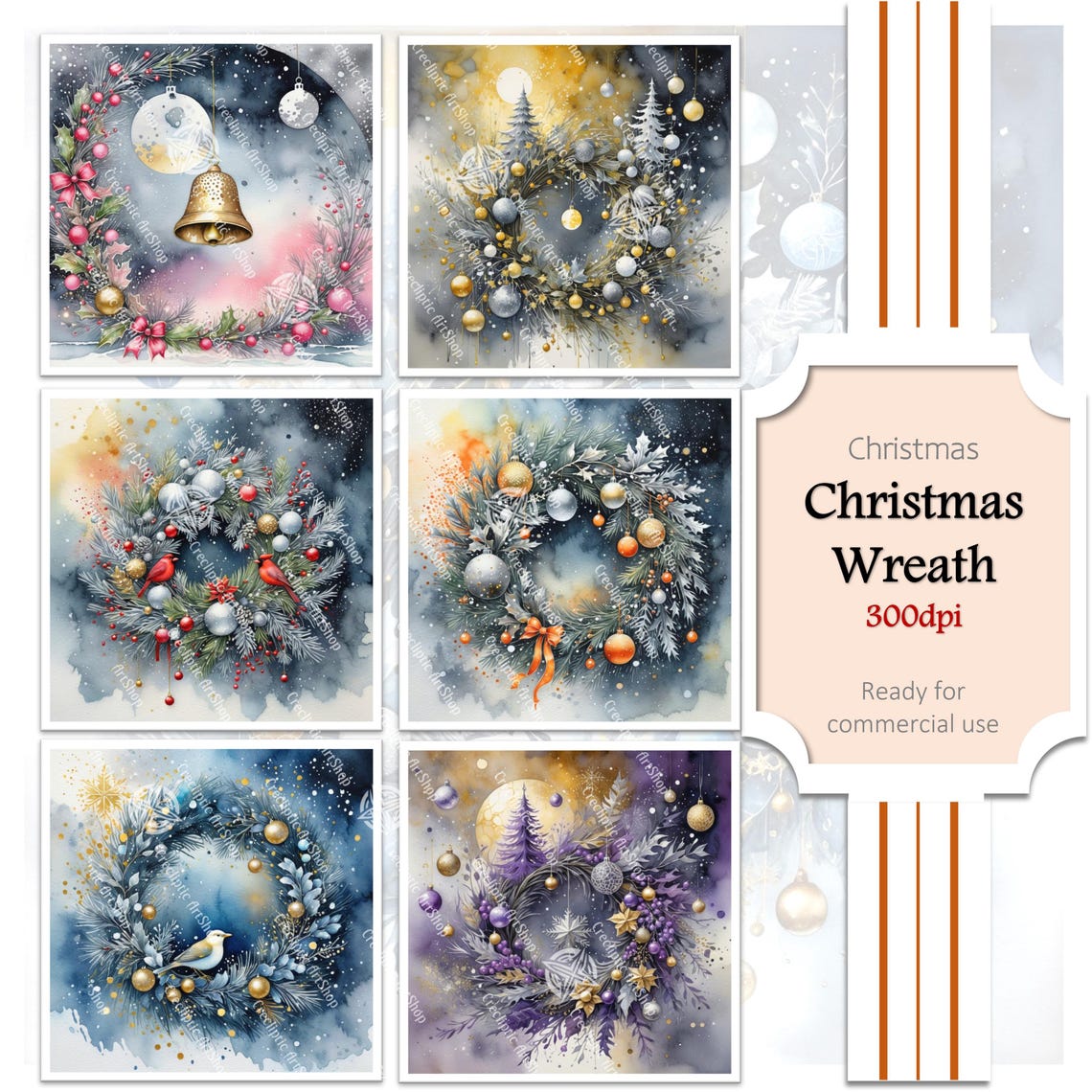 18 Digital Paper- Watercolor Christmas Wreath Cliparts - Etsy
