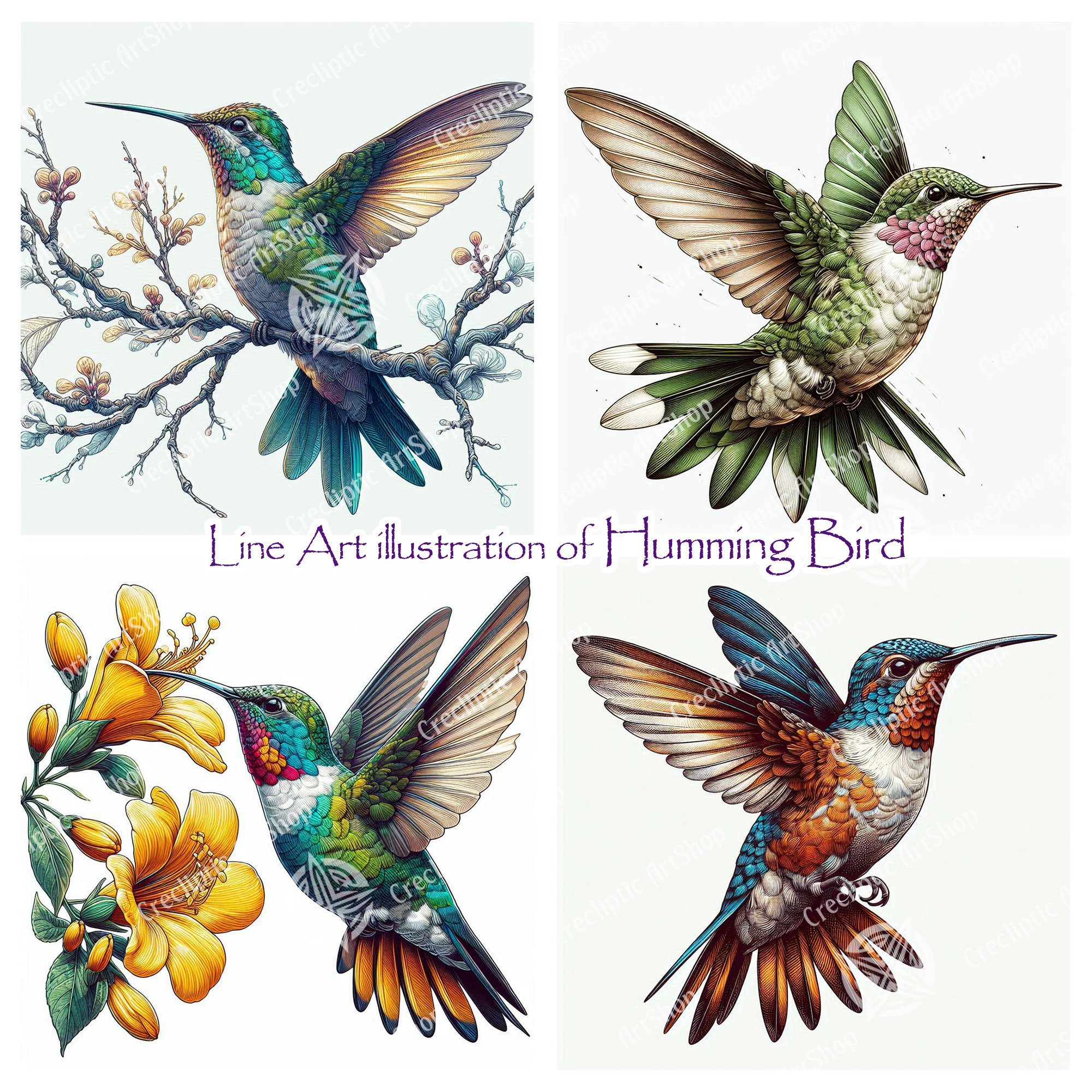 12 Beautiful Line Art Illustration of Humming Bird - Etsy