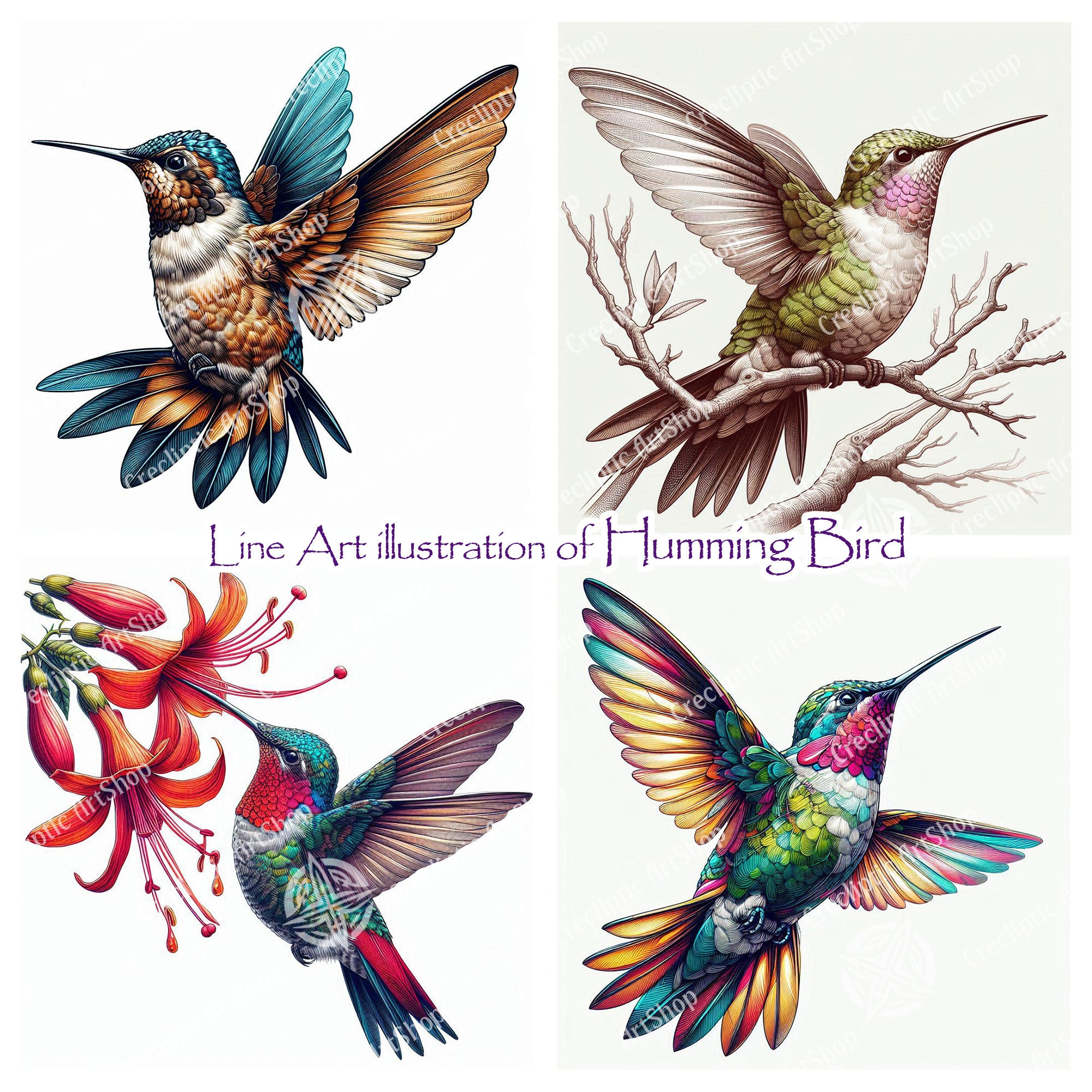 12 Beautiful Line Art Illustration of Humming Bird - Etsy