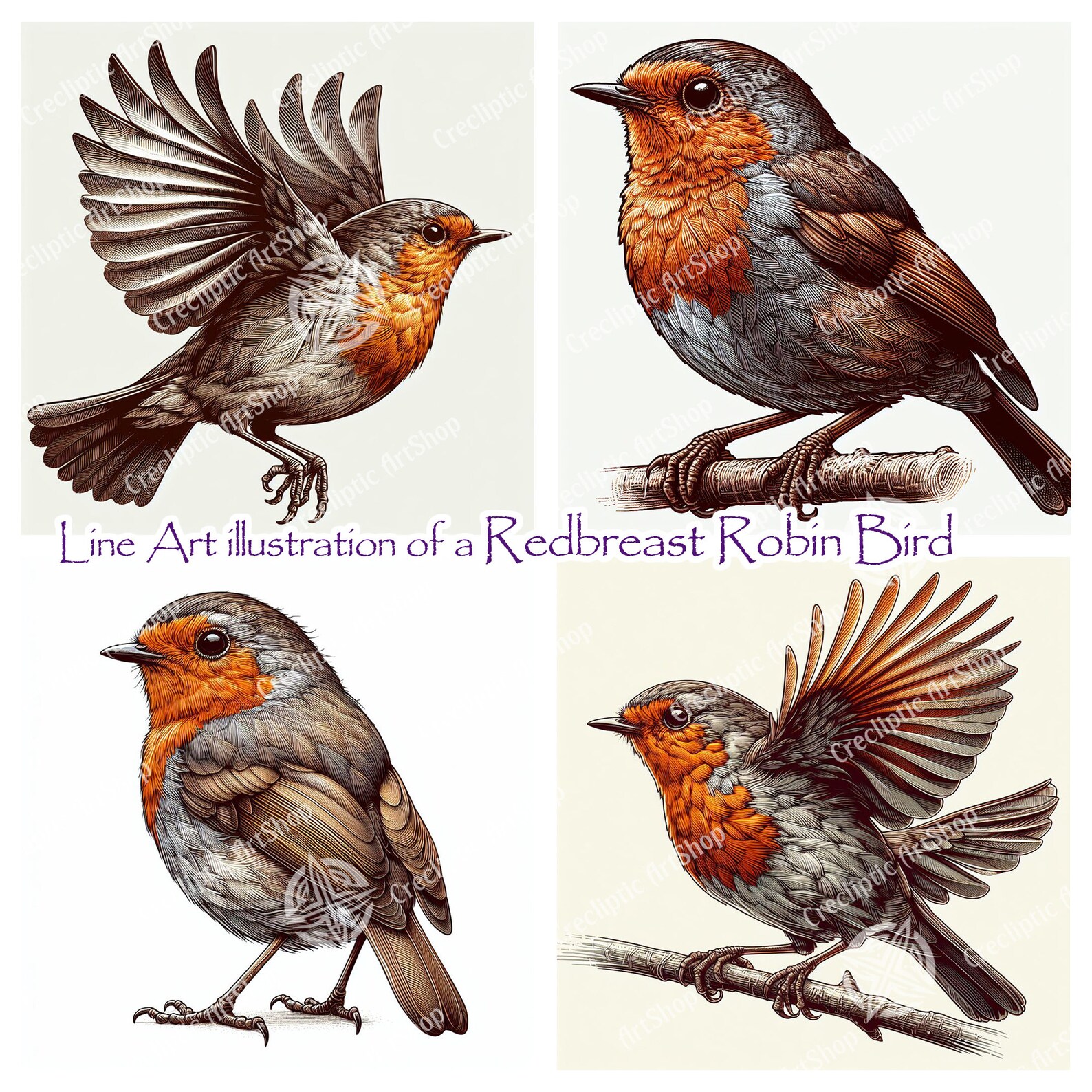 8 Beautiful Line Art Illustration of Redbreast Robin Bird - Etsy