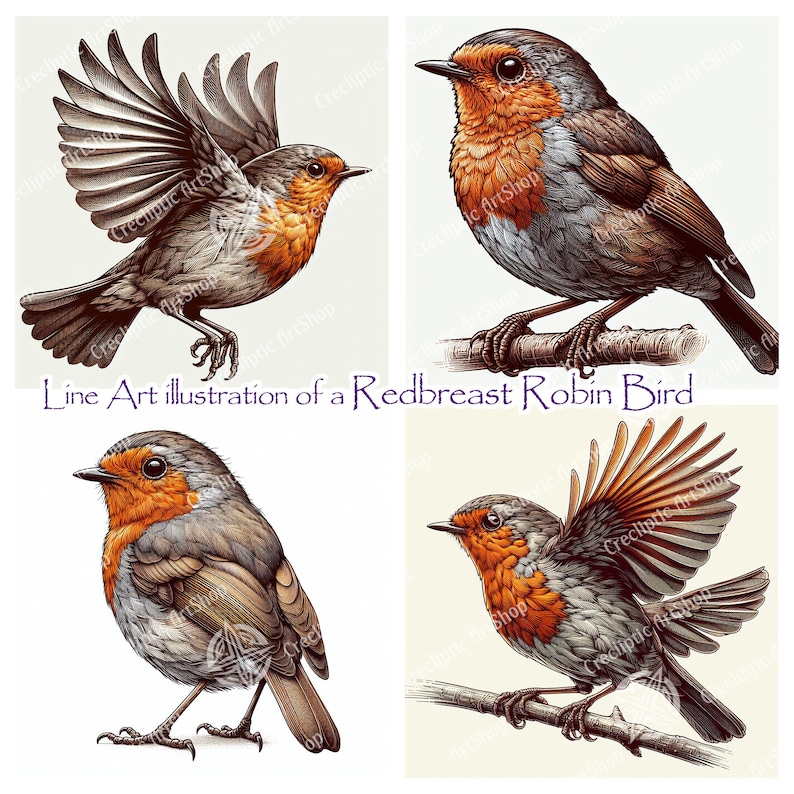 8 Beautiful Line Art Illustration of Redbreast Robin Bird - Etsy