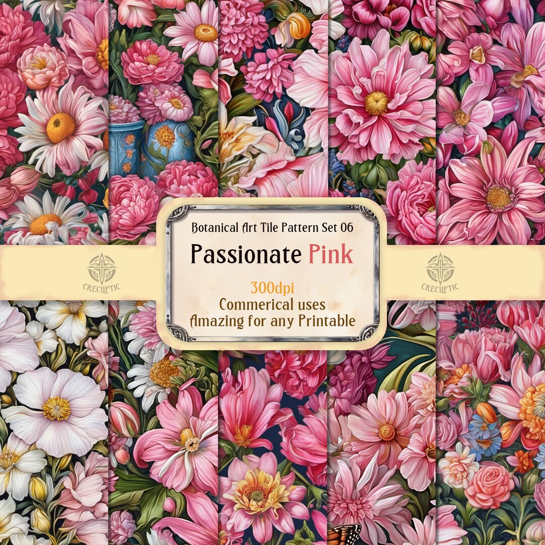 10 Botanical Art Flowers Pattern (digital Paper) Set 6 - Passionate ...
