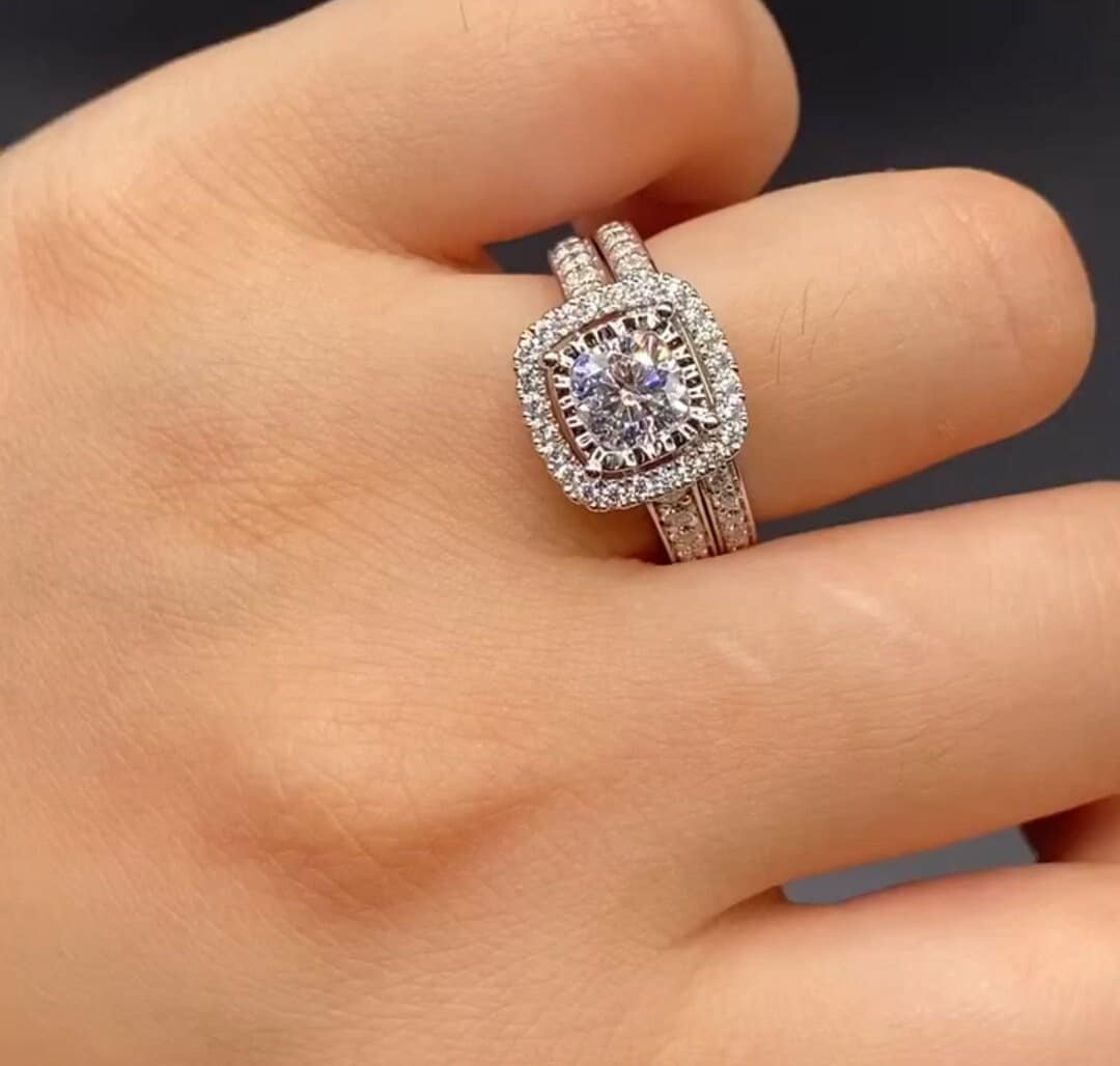 Cushion Cut Moissanite Engagement Ring Set, Half Eternity Round Wedding ...