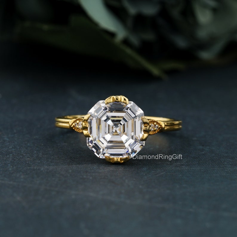 3 CT Asscher Cut Moissanite Engagement Ring 14K Yellow Gold Anniversary Ring Art Deco Wedding ...