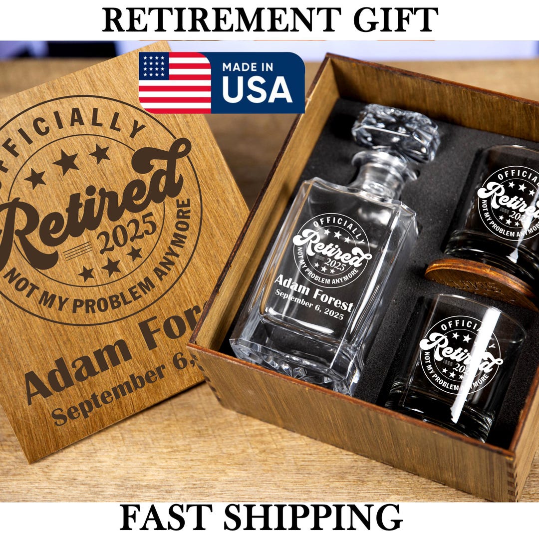 Personalized Retirement Gift, Officially Retired Whiskey Decanter Set ...