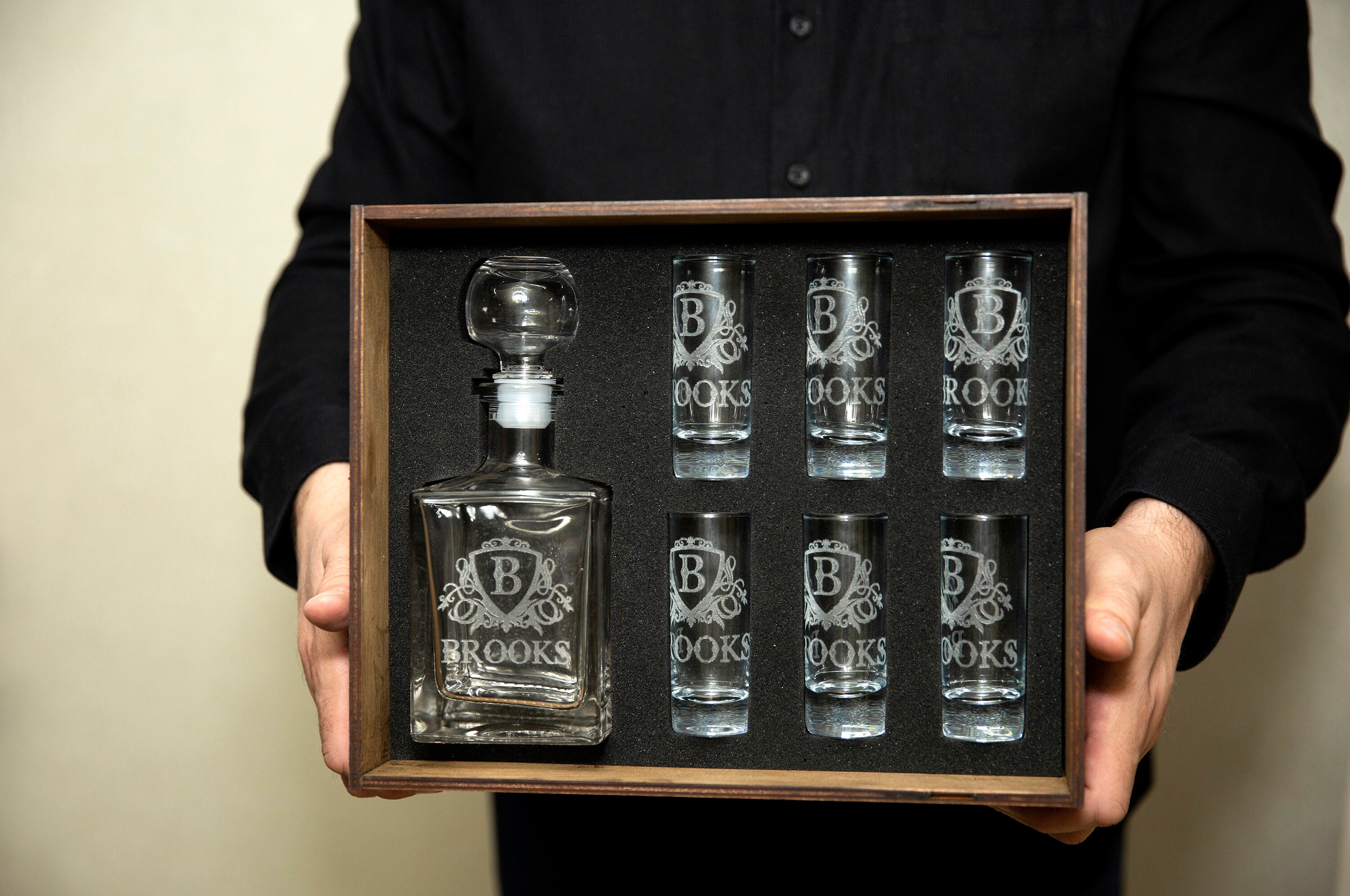 Custom Decanter and Shot Glasses Set in Personalized Wooden Box ...