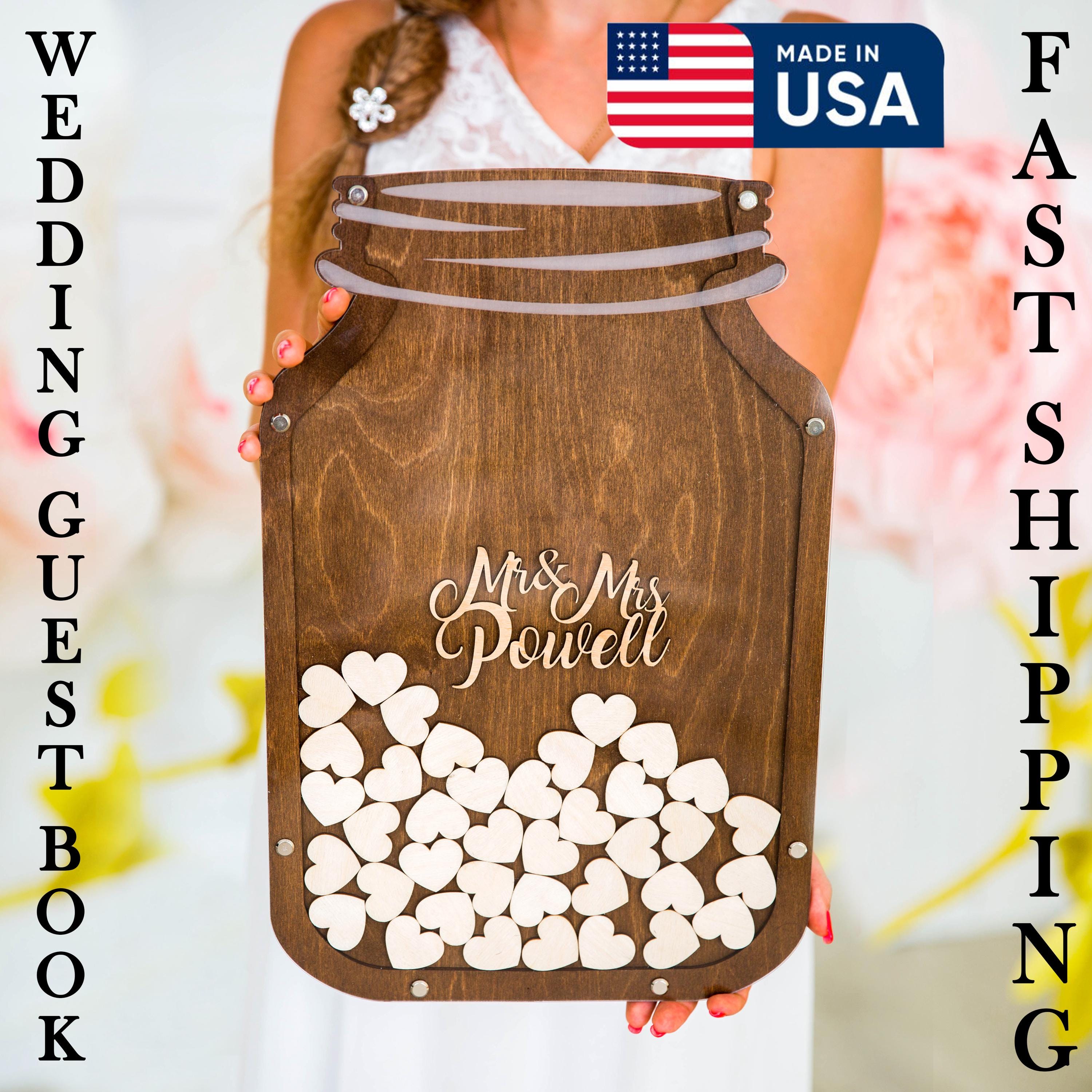 Personalized Mason Jar Wedding Guest Book: Rustic Wood Hearts, Custom ...