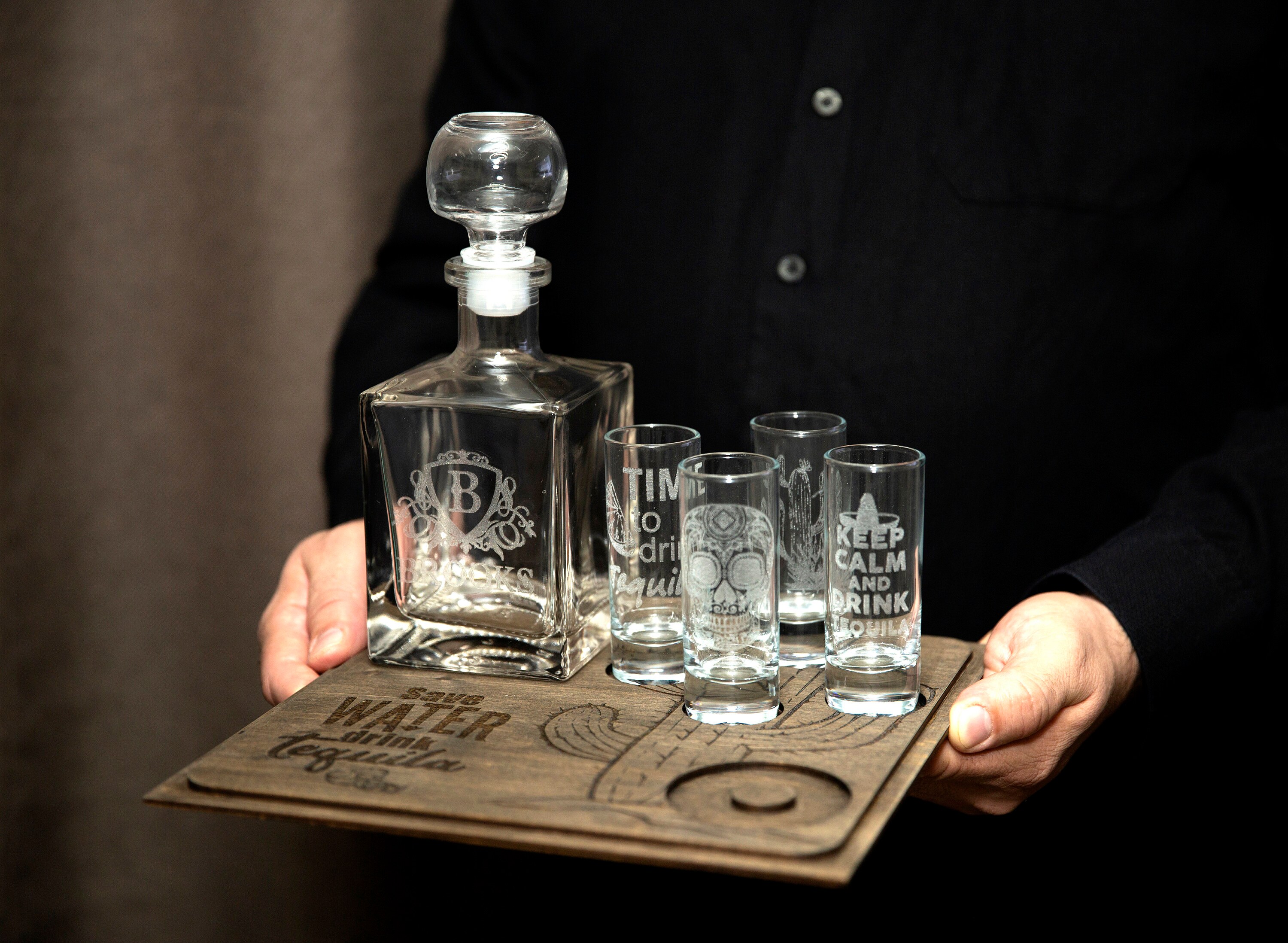 Custom Decanter and Shot Glasses Set in Personalized Wooden Box ...